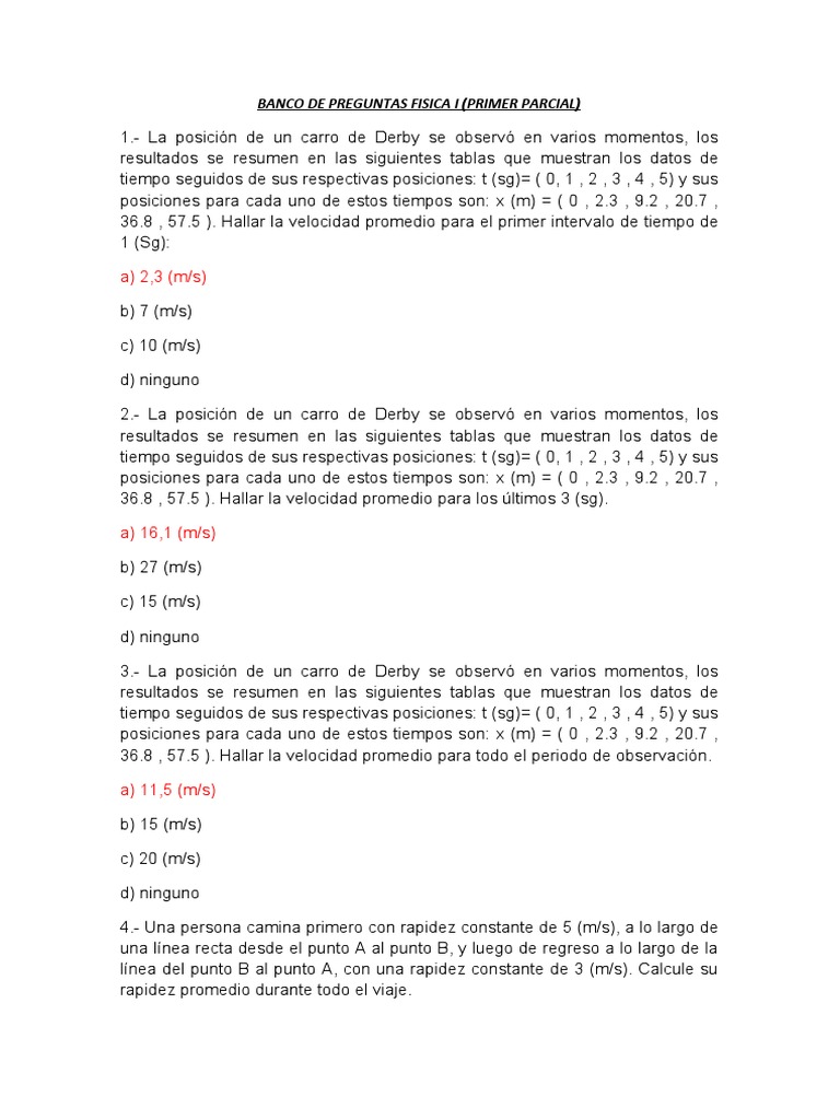 Banco de Preguntas Fisica I 1er. Parcial | PDF | Velocidad | Aceleración