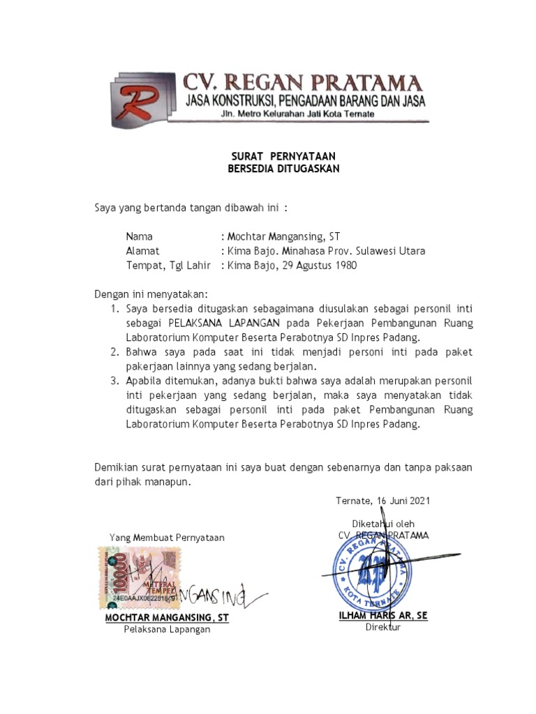Surat Bersedia Ditugaskan | PDF