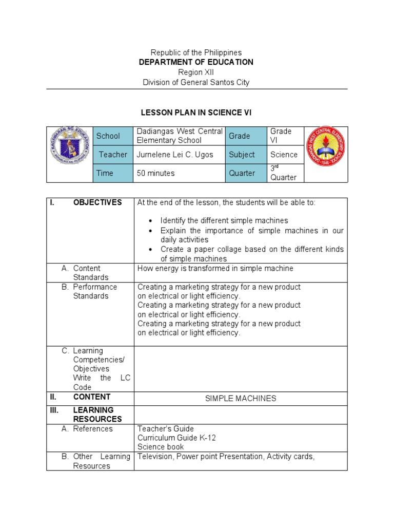 Lesson Plan in Science 2 | PDF | Machines | Lever