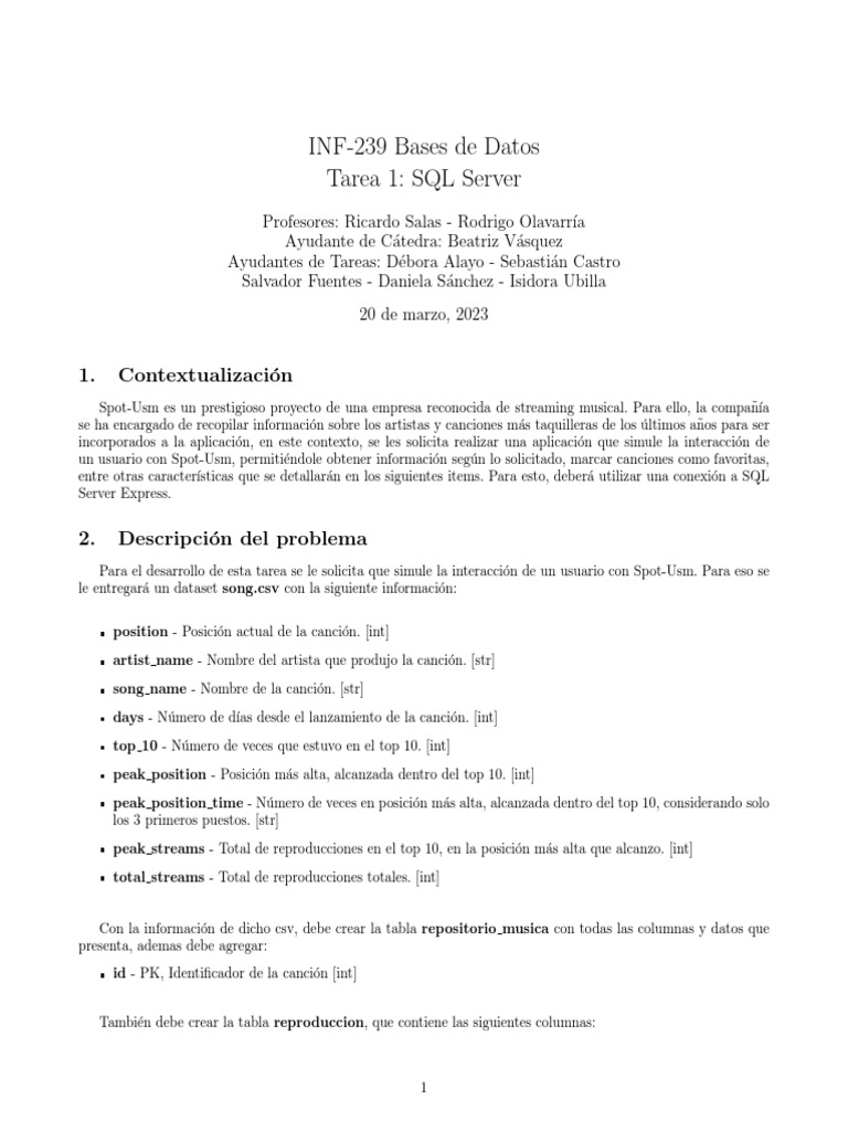 INF-239 Bases de Datos Tarea 1: SQL Server: 1. Contextualizaci On | PDF | Python (lenguaje de ...