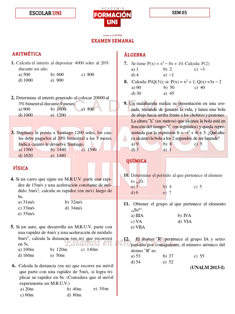 05 Examen Semanal Escolar | PDF