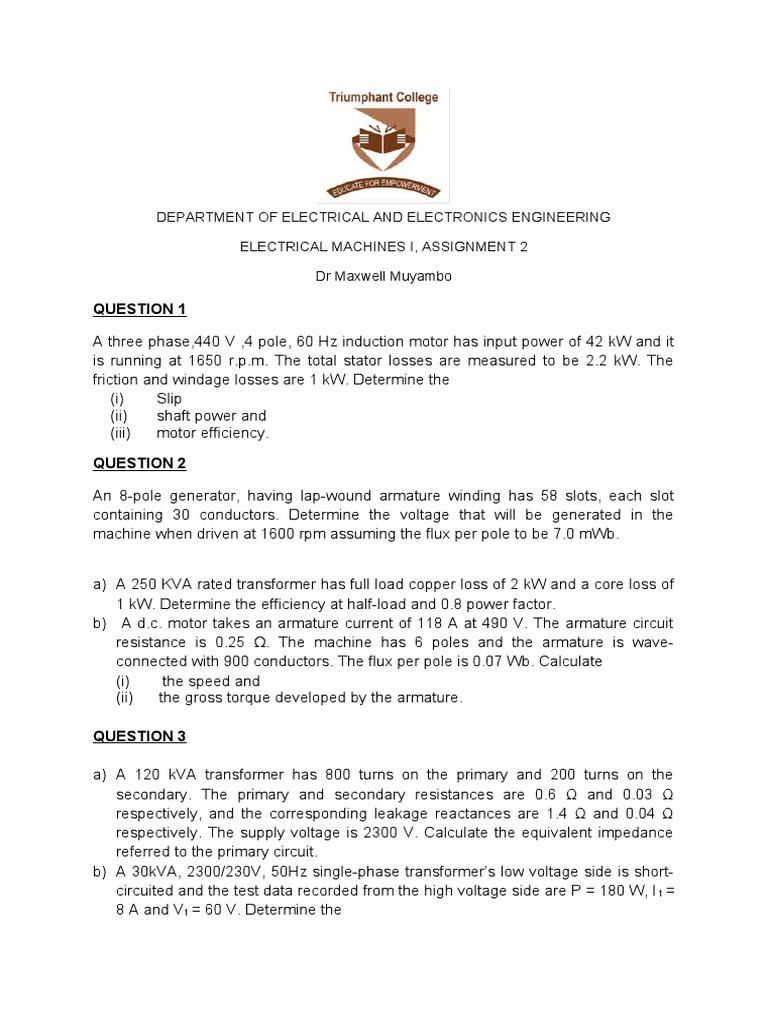 Electrical Machines I Assignment 2 Pdf Electric Motor Transformer 3695
