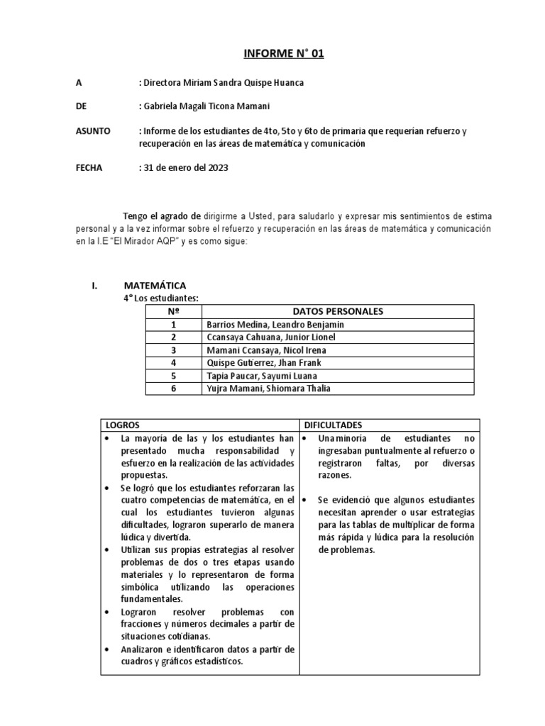 Informe Refuerzo y Recuperación Educativa 4 5 6 | PDF | Lectura ... Informe Refuerzo y Recuperación Educativa 4 5 6 | PDF | Lectura ...
