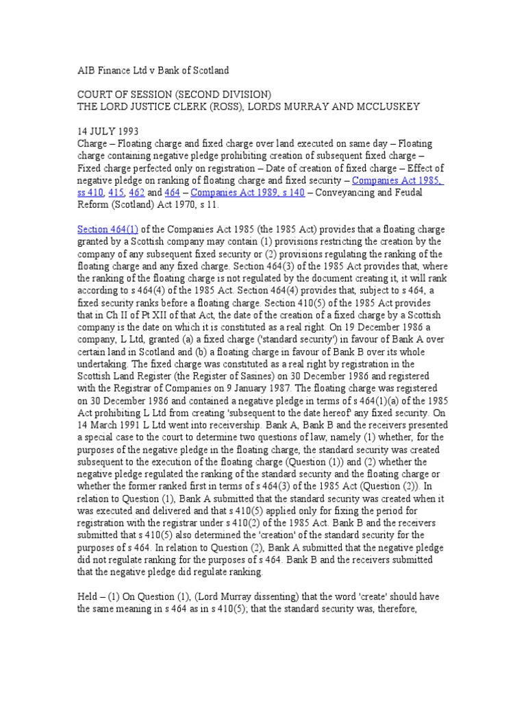 Determining the Ranking of a Floating Charge and Fixed Security Created ...