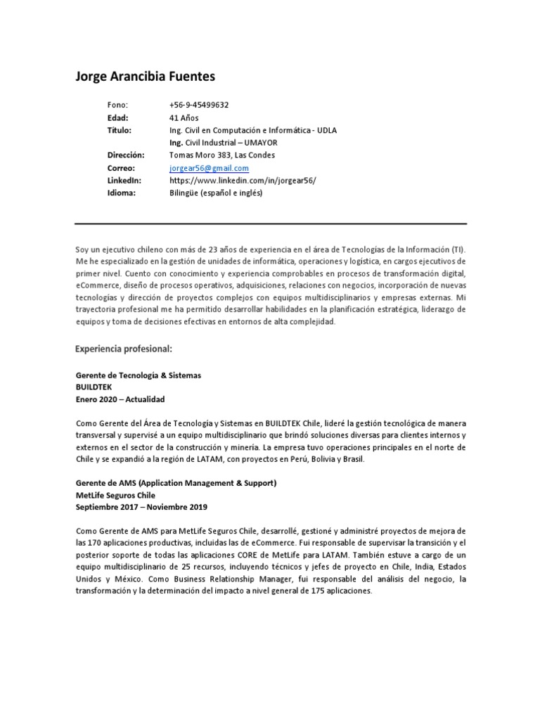 Jorge Arancibia Fuentes: Experiencia Profesional | PDF | Itil | Logística