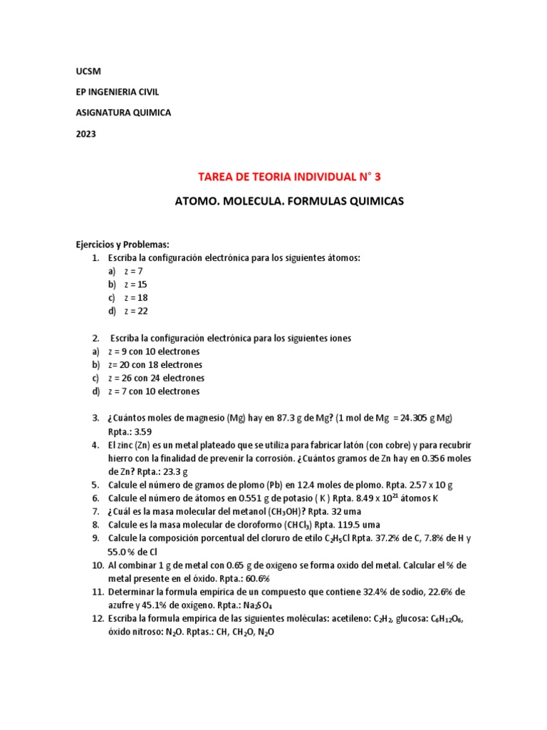 Tarea Teoria Individual 3. Atomo. Molecula. Formulas Quimicas | PDF