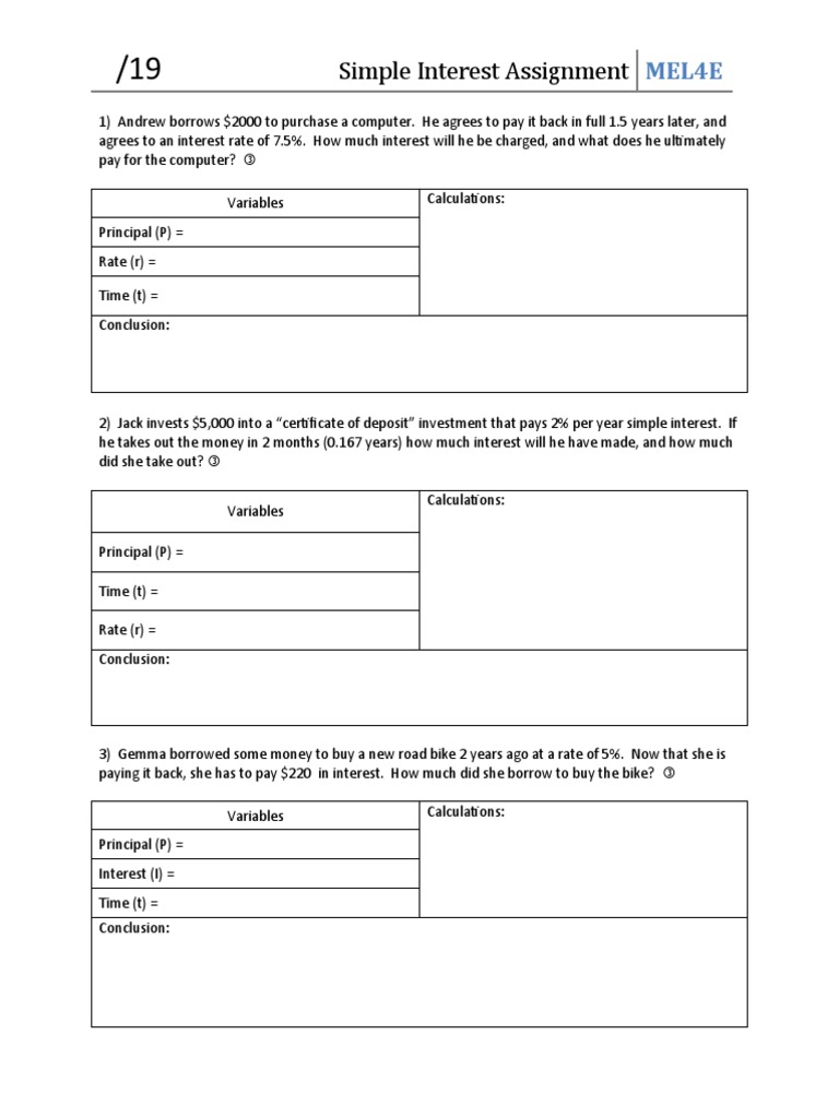 Simple Interest Calculations Assignment | PDF | Interest | Compound ...