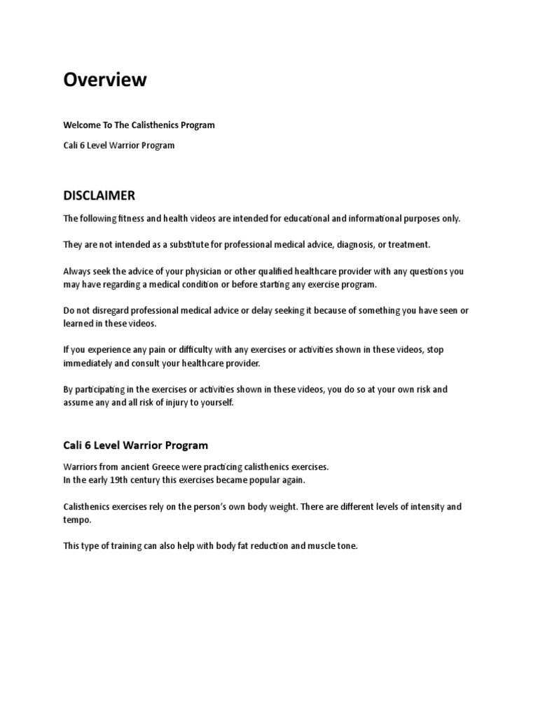 Disclaimer: Welcome To The Calisthenics Program | PDF | Skeletal Muscle ...
