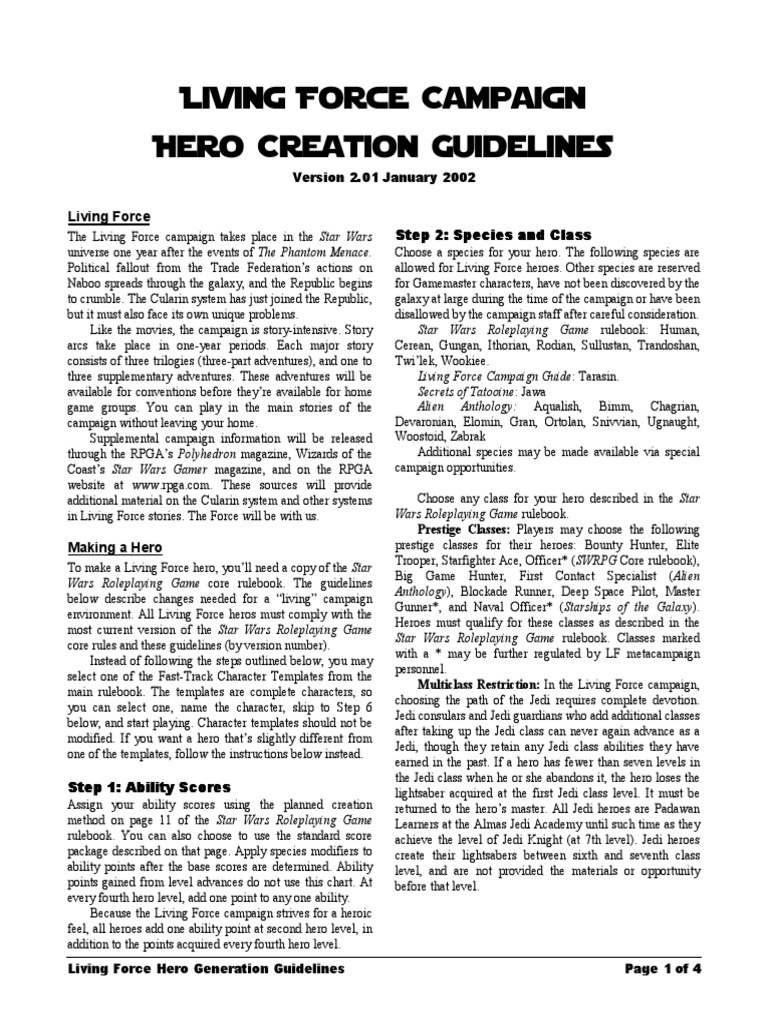 Living Force Campaign Hero Creation Guidelines | PDF | Jedi | Star Wars