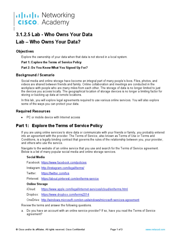 3.1.2.5 Lab - Who Owns Your Data Lab - Who Owns Your Data?: Objectives | PDF | Popular Culture ...
