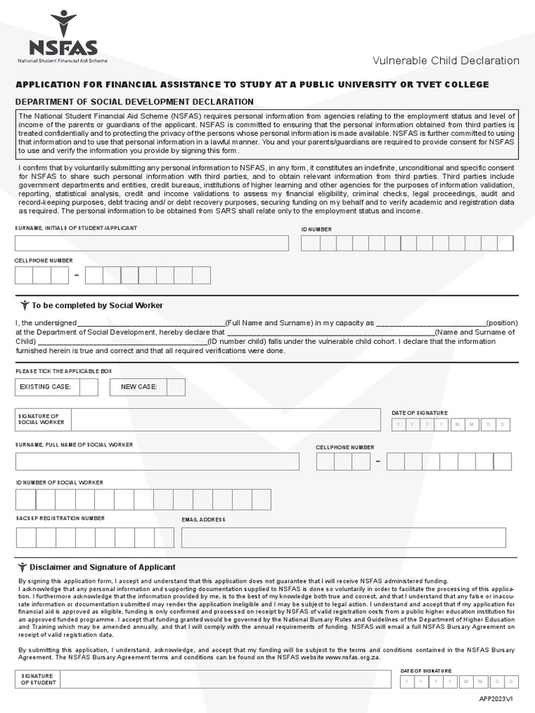 NSFAS Vulnerable Child Declaration Form | PDF | Student Financial Aid ...
