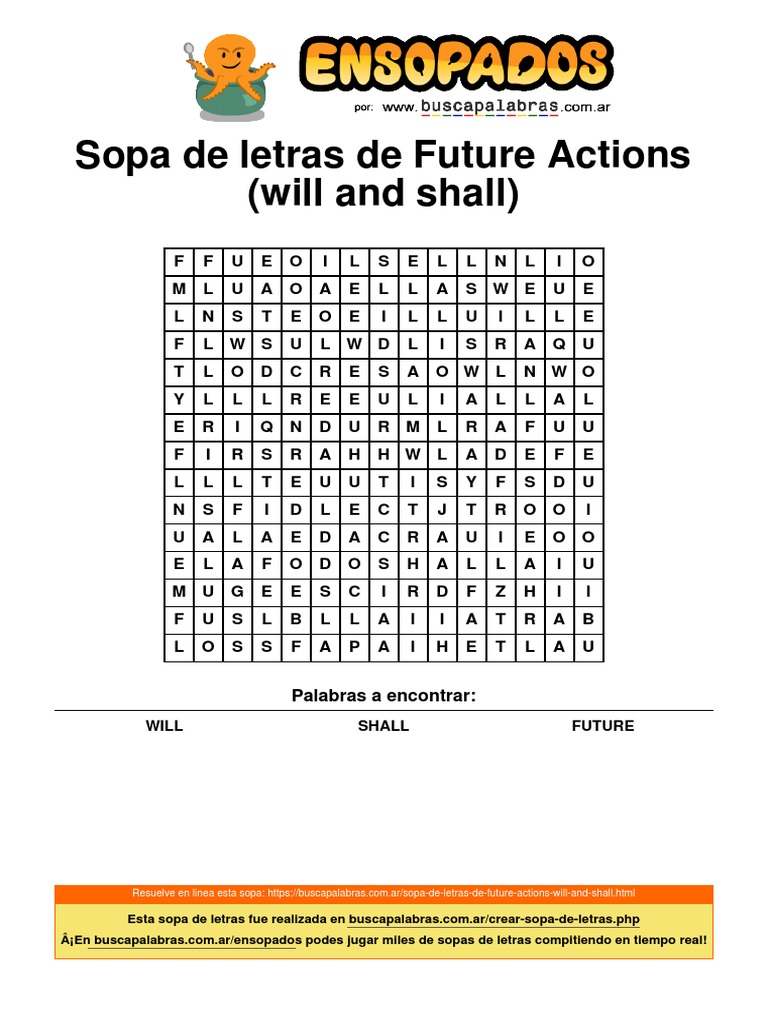 Sopa de Letras de Future Actions Will and Shall | PDF