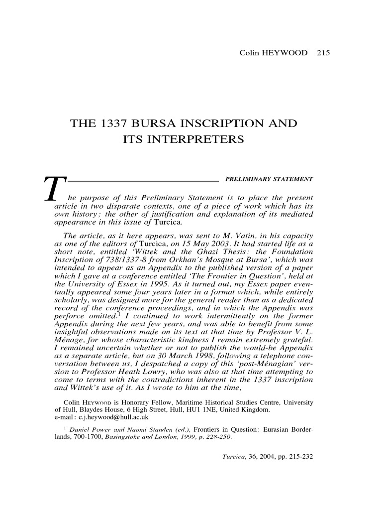 The 1337 Bursa Inscription and Its Interpreters: Preliminary Statement ...