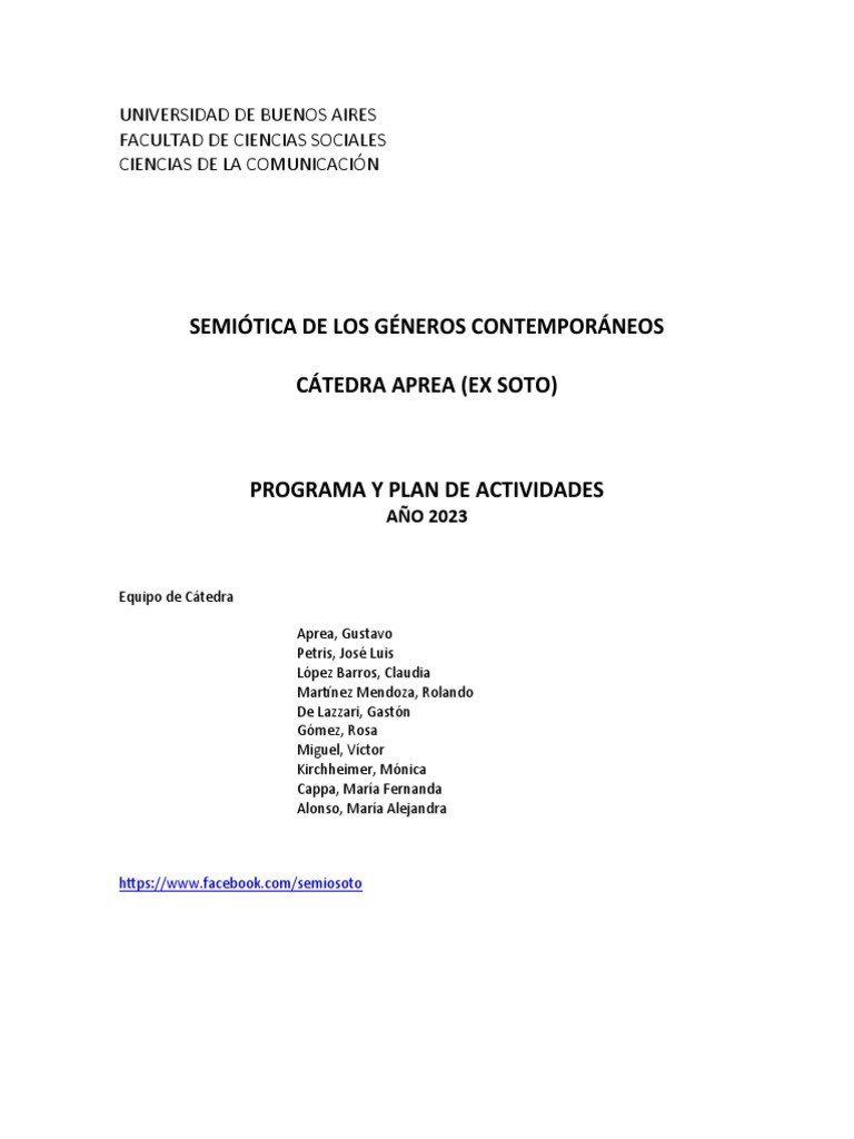 Programa Semiótica de Los Géneros Contemporáneos 2023 | PDF | Teoría ... Programa Semiótica de Los Géneros Contemporáneos 2023 | PDF | Teoría ...