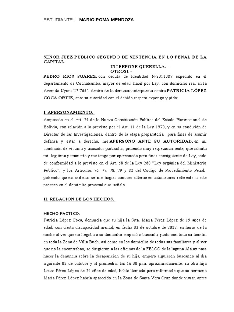 Querella Por Los Delitos De Violación Y Abuso Sexual Contra Pedro Ríos