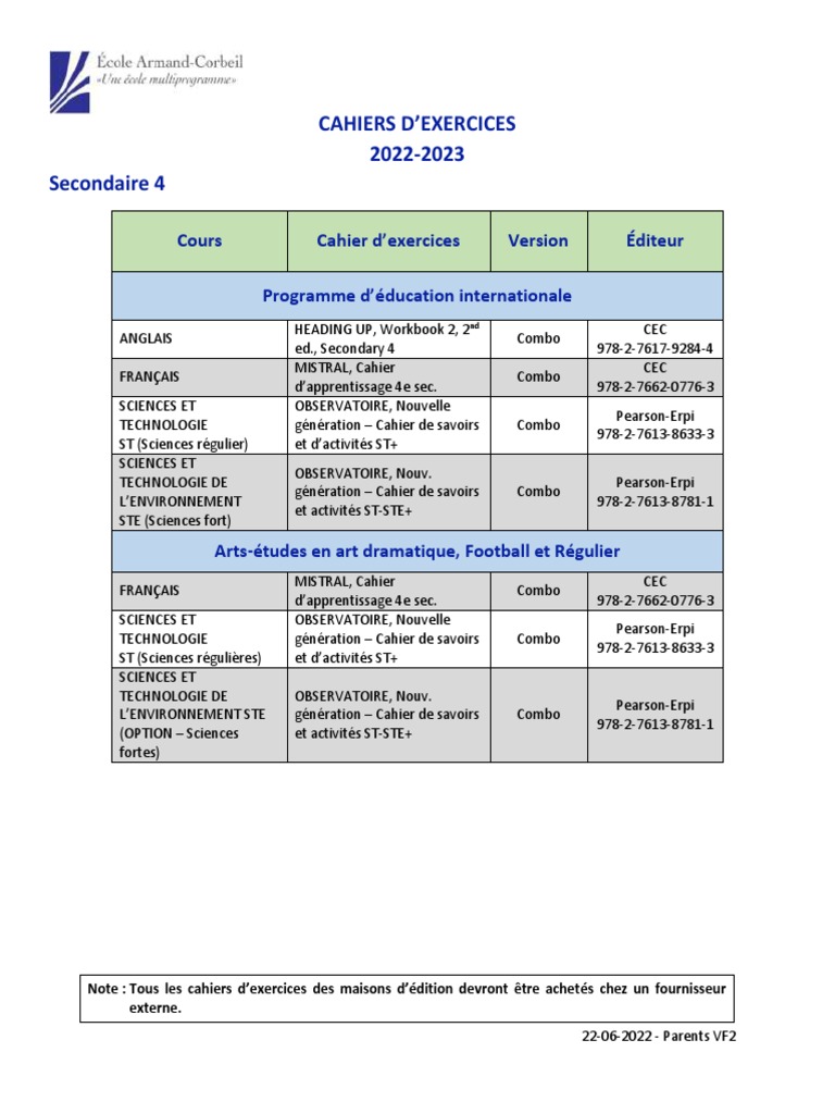 Cahiers d'exercices 2022-2023 Secondaire 4 | PDF