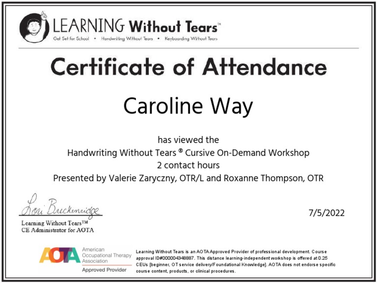 Certificate For Caroline Way For HWT Cursive On-Demand | PDF