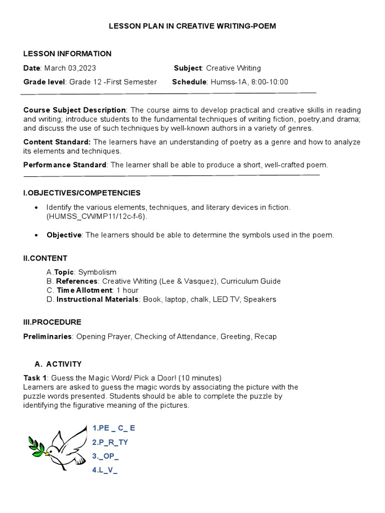Lesson Plan in Creative Writing | PDF | Poetry | Learning