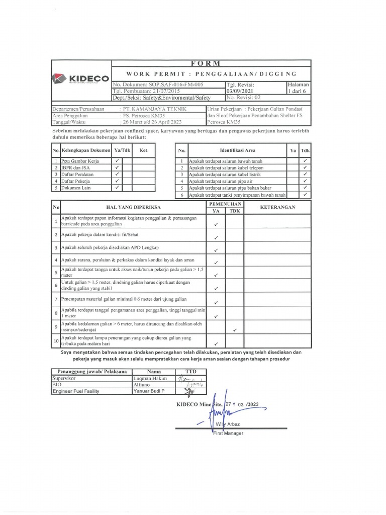 Form Work Permit Penggalian PT Kamanjaya Teknik Indonesia | PDF