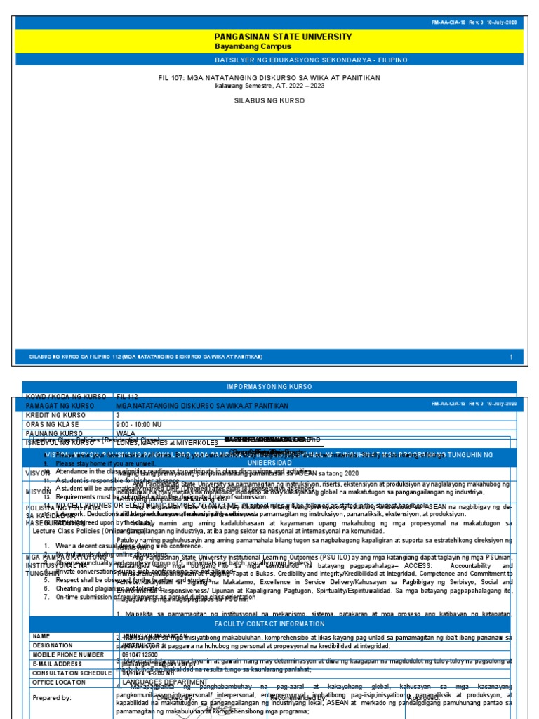 FIL 112 Mga Natatanging Diskurso Sa Wika at Panitikan 2022 2023 | PDF