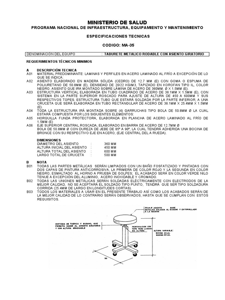 Ma35 Taburete Metalico Rodable Con Asiento Giratorio | PDF | Acero | Laminado (metalmecánica)