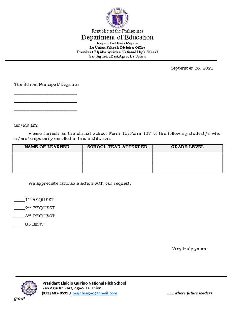 Form 137 Request Letter | PDF | Philippines | Government