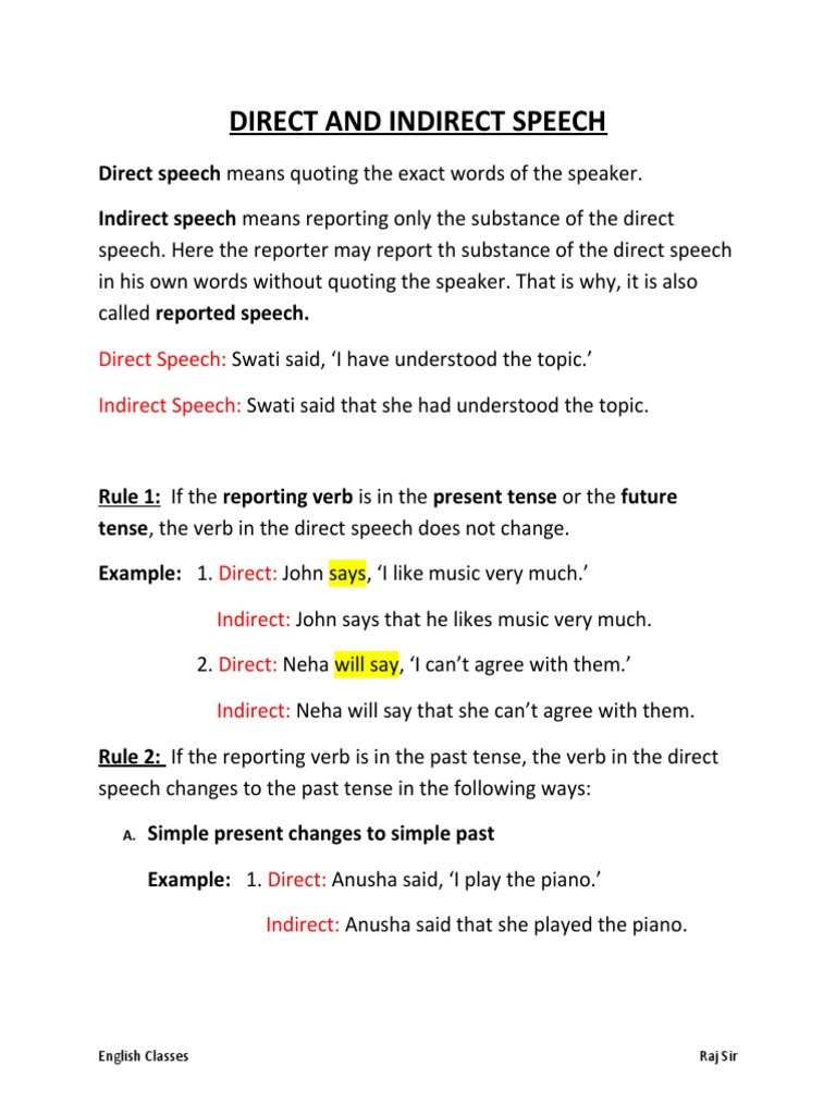 DIRECT AND INDIRECT SPEECH (Middle School) | Download Free PDF ...