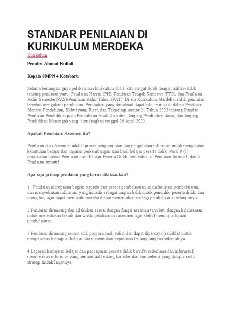 Standar Penilaian Di Kurikulum Merdeka | PDF