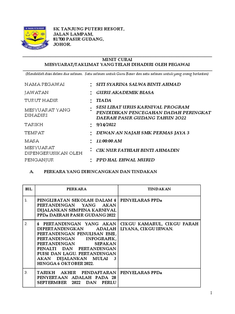 Sesi Libat Urus Karnival Program Pendidikan Pencegahan Dadah Peringkat Daerah Pasir Gudang Tahun ...