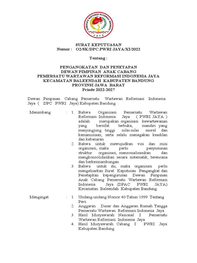 Pengangkatan DPAC PWRI Jaya Baleendah | PDF | Bisnis | Pengelolaan ...