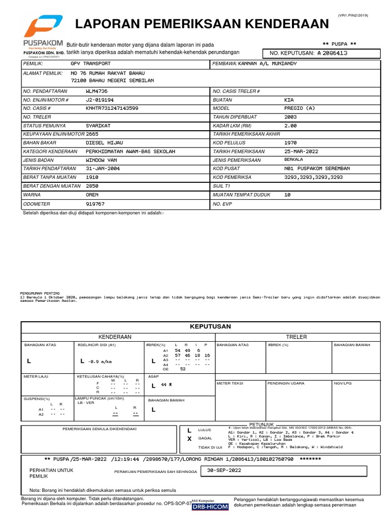 Laporan Pemeriksaan Kenderaan | PDF | Teknologi & Rekayasa