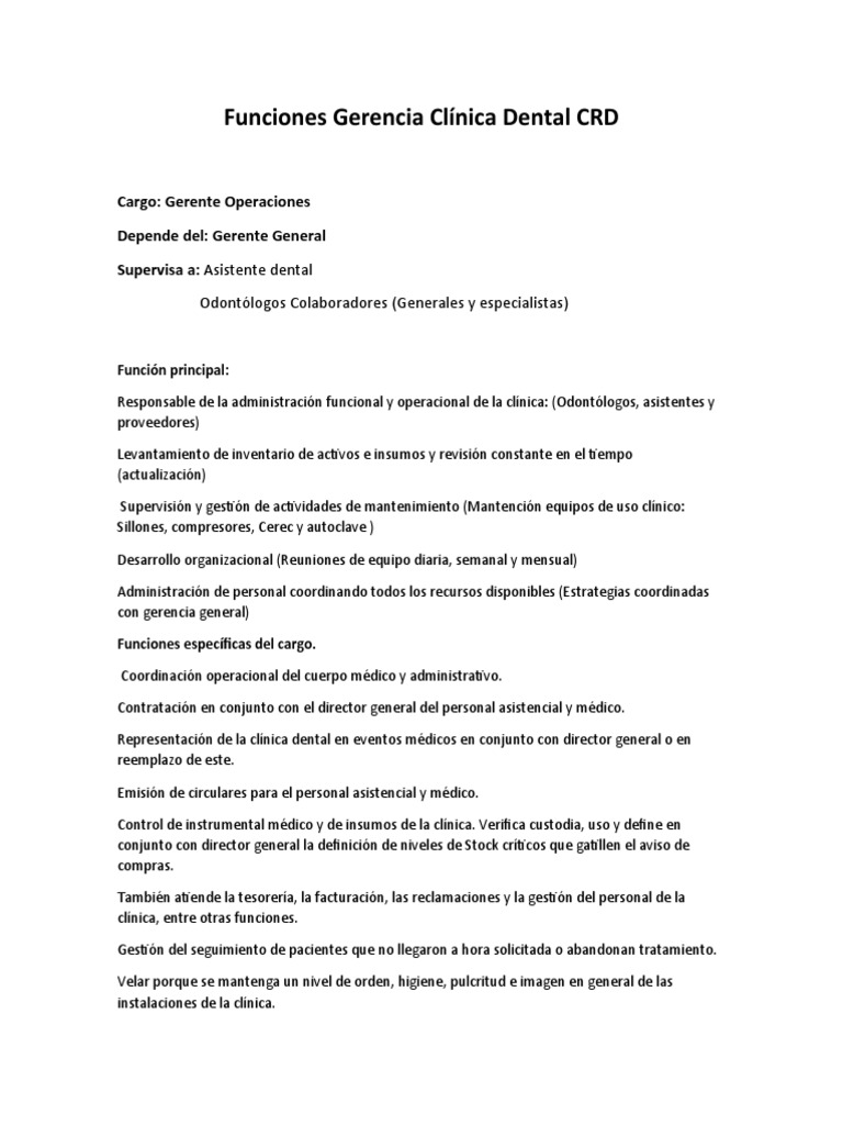 Funciones Gerencia OPERACIONAL Clínica Dental CRD | PDF | Business
