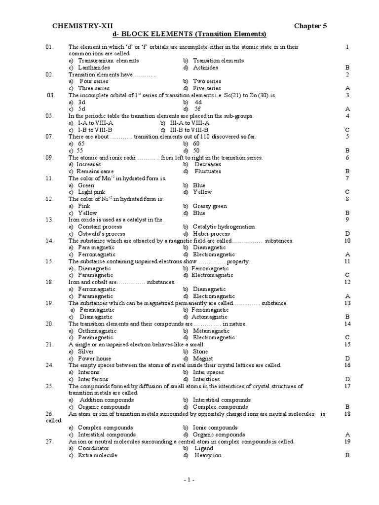 Chemistry XII Mcqs | PDF | Transition Metals | Chemical Compounds
