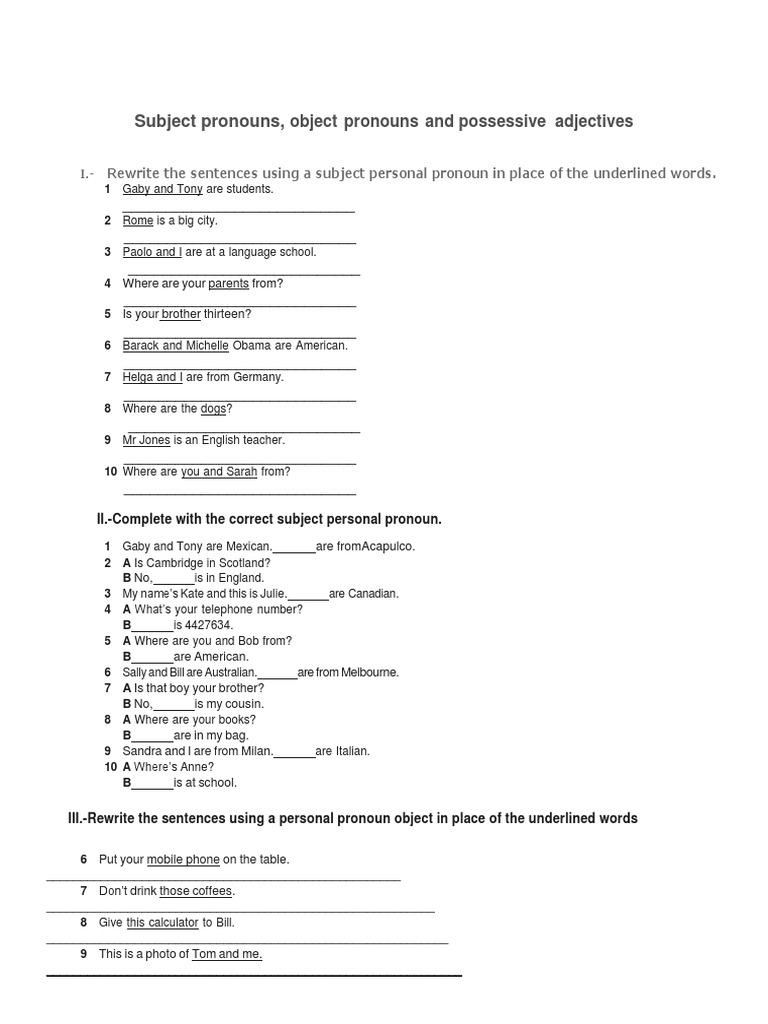 Subject Pronouns, Object Pronouns and Possessive Adjectives | PDF