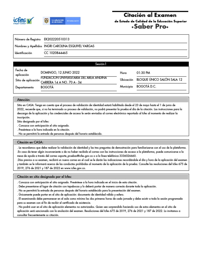 Saber Pro: Citación Al Examen | PDF