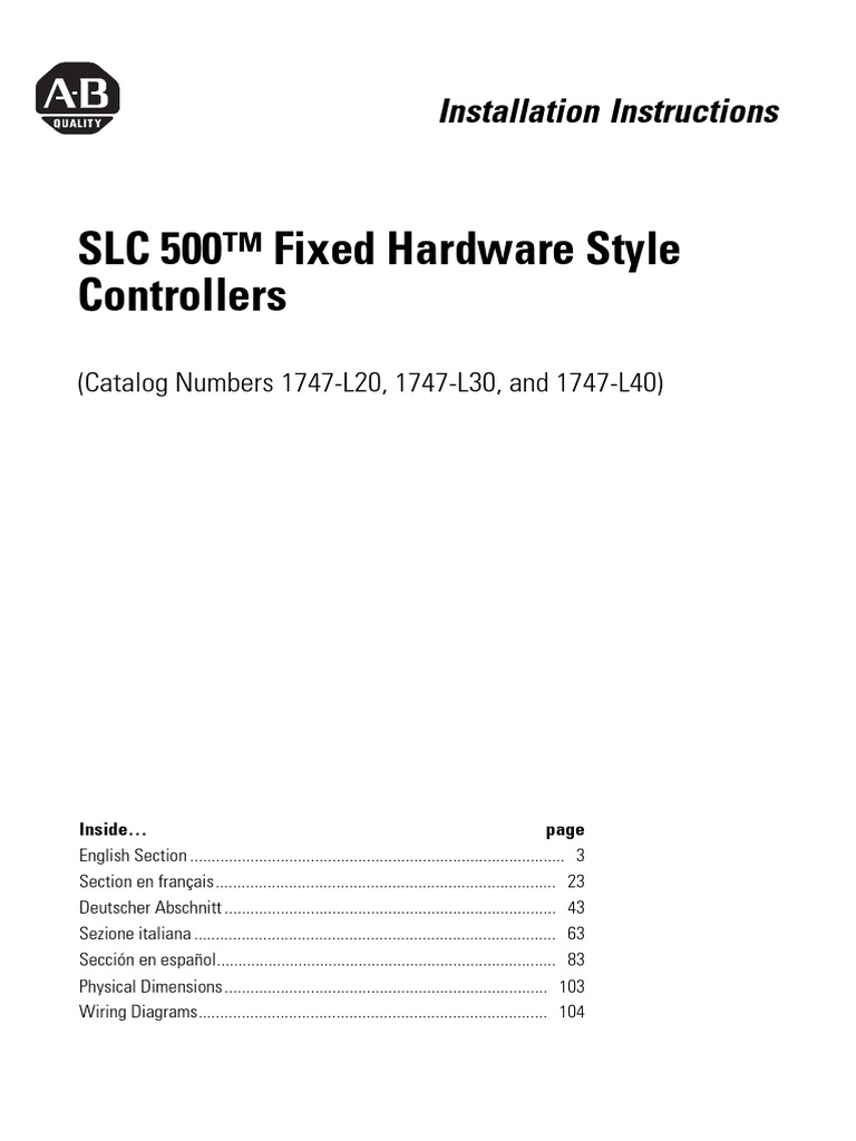 SLC 500™ Fixed Hardware Style Controllers: Installation Instructions ...