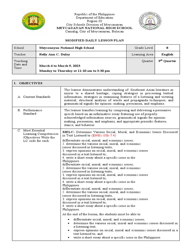 Grade 8 English Lesson Plan on Issues | PDF | Propaganda | Learning
