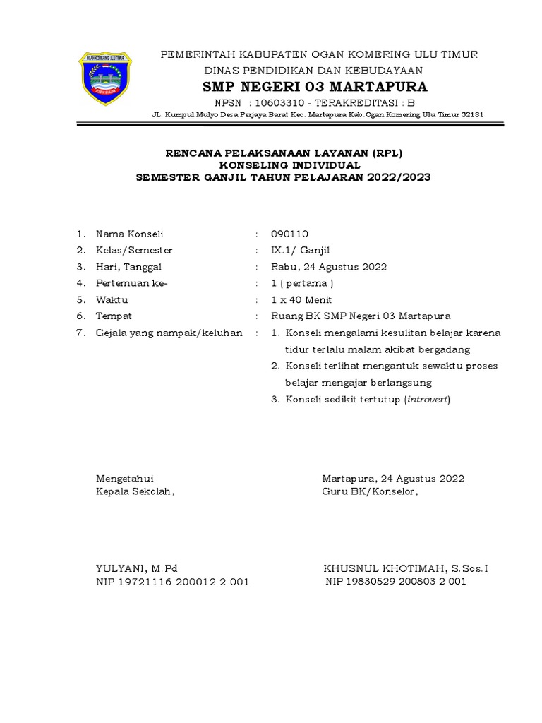 RPL Dan LPL Konseling Pribadi 2022 KLS 9 | PDF