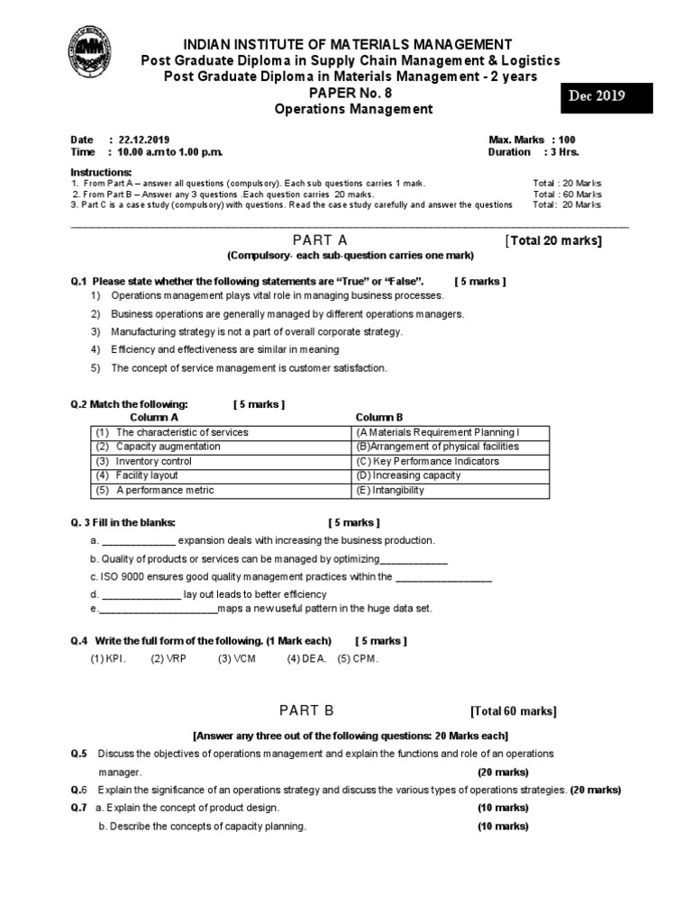 Operations Management Exam Paper 2019 | PDF | Apple Inc. | Operations ...
