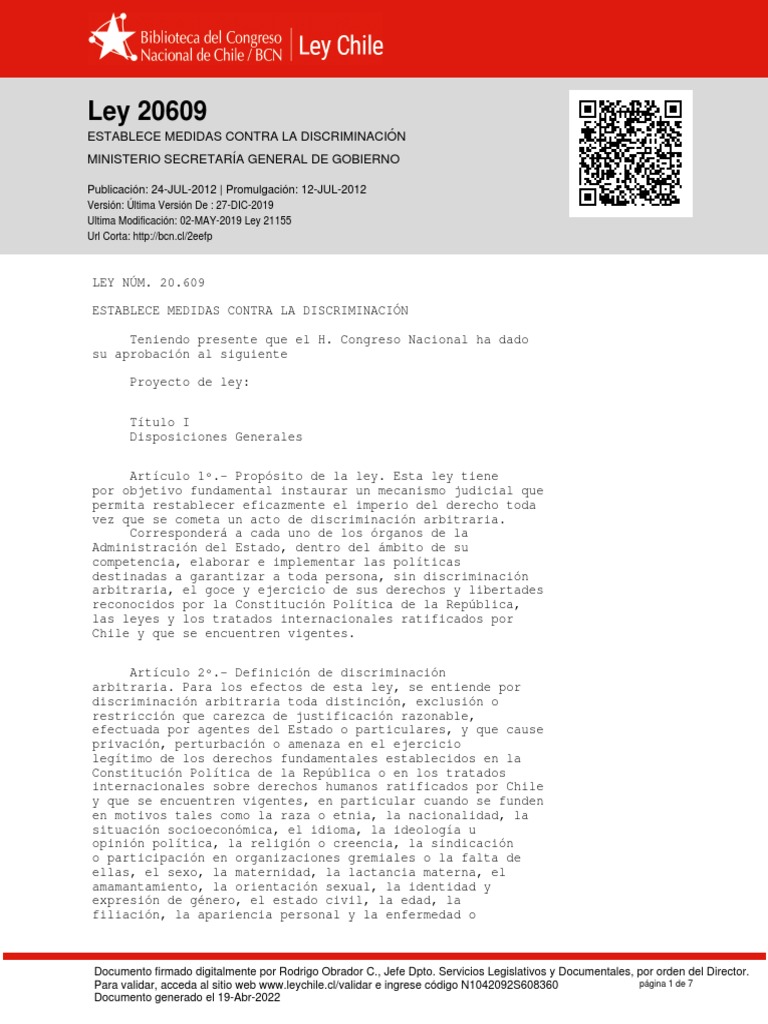 Ley 20609 - 24 JUL 2012 | PDF | Sentencia (ley) | Discriminación