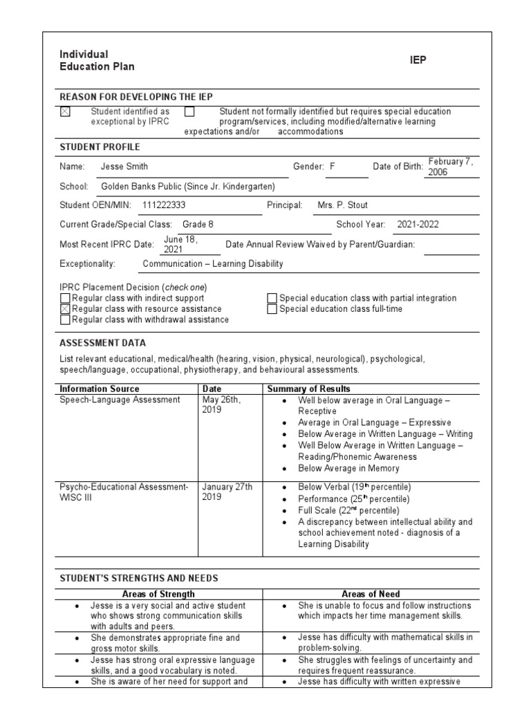 Individualized Education Plan for Jesse Smith | PDF | Individualized ...