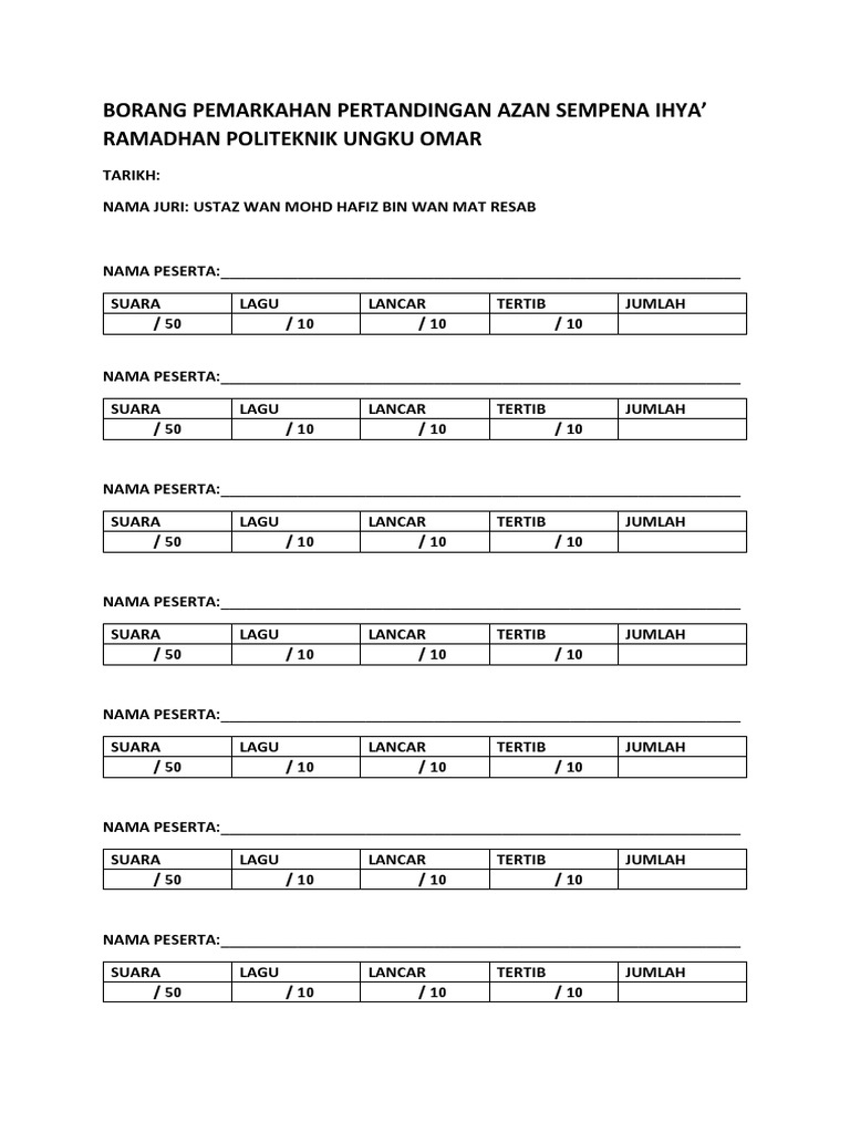 Borang Pemarkahan Pertandingan Azan Sempena Ihya' Ramadhan Politeknik ...