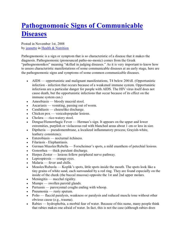 Pathognomonic Signs of Communicable Diseases | PDF