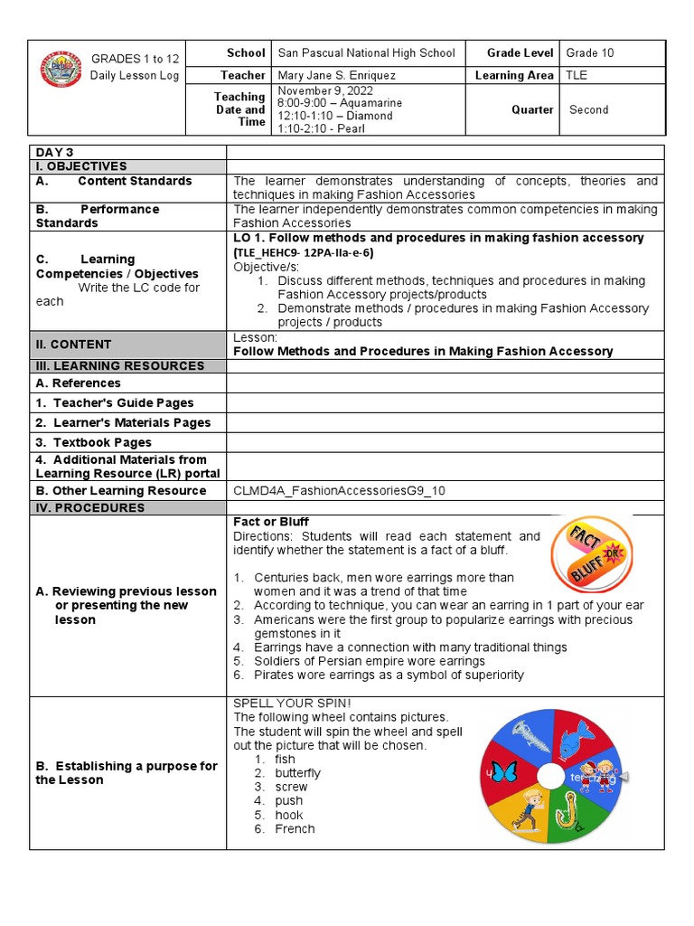G10 Fashion Accessories DLP Q2-Day 3 | PDF | Learning | Cognitive Science
