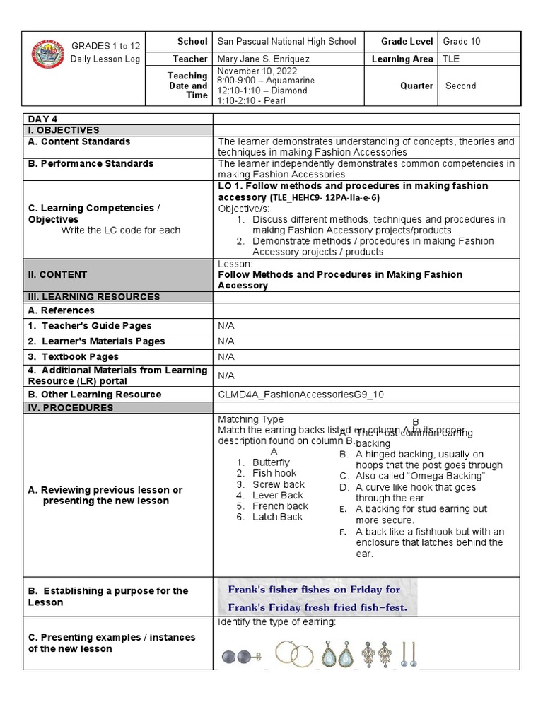 G10 Fashion Accessories DLP Q2-Day4 | PDF | Learning | Cognitive Science