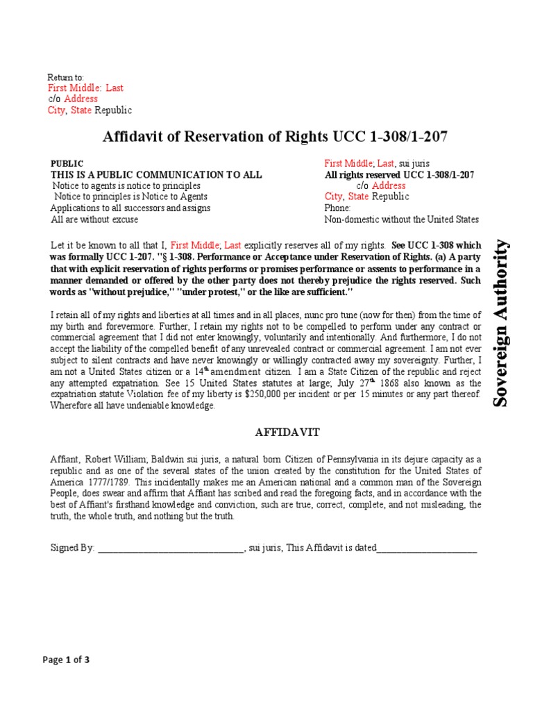 Affidavit of Reservation of Rights UCC 1-308/1-207: First Middle Last ...