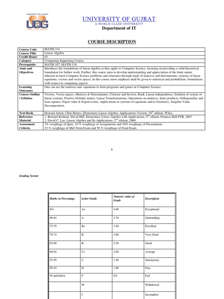 MATH-314 Linear Algebra Course Outlines | PDF | Matrix (Mathematics ...