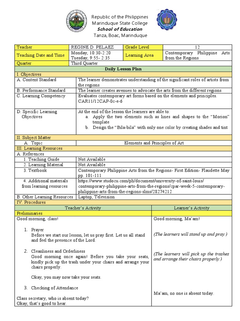 LP Activity-Elements and Principles of Art | PDF | Learning | Lesson Plan
