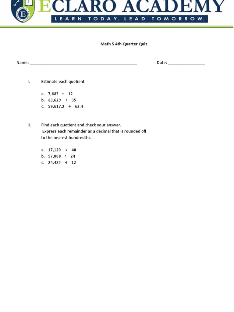 Math 5 4th Quarter Quiz | PDF