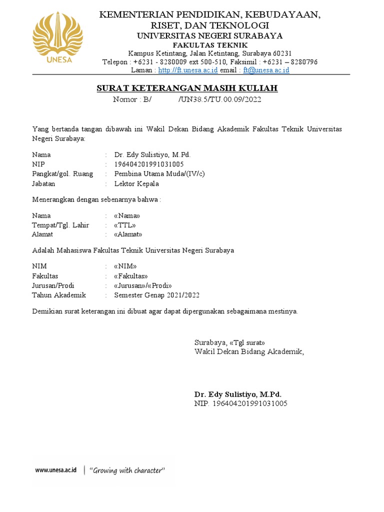 Surat Keterangan Mahasiswa Aktif UNESA | PDF | Seni